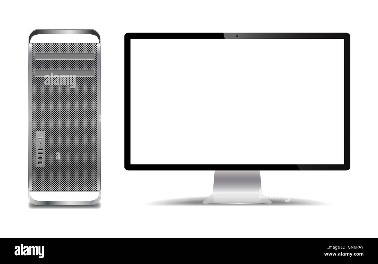 A realistic silver computer tower and screen isolated on a white ...