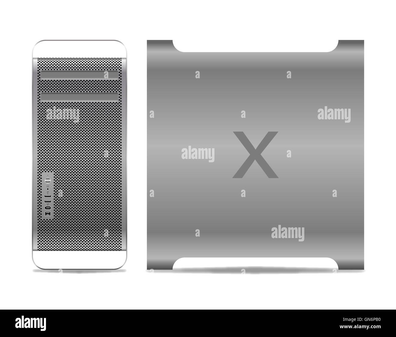 A realistic silver computer tower front and side isolated on a white ...