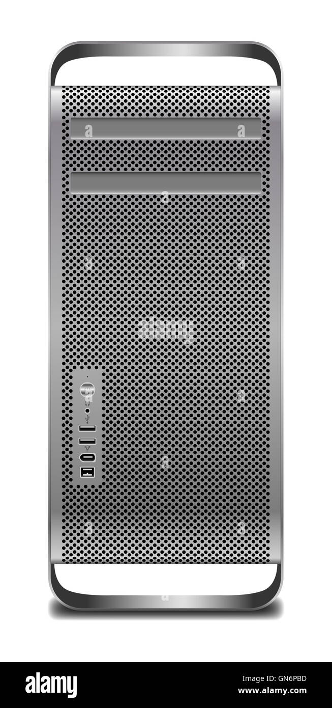 A realistic silver computer tower front isolated on a white background ...