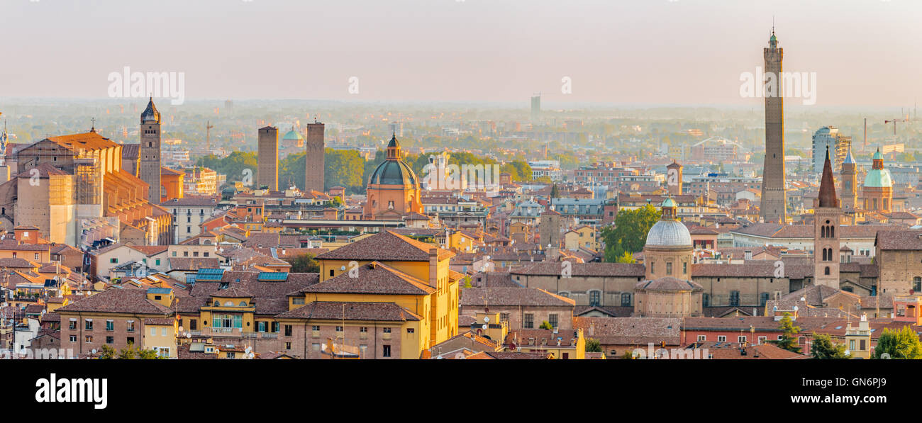 Aerial panoramic cityscape of Bologna, Italy, above rooftops of typical ...