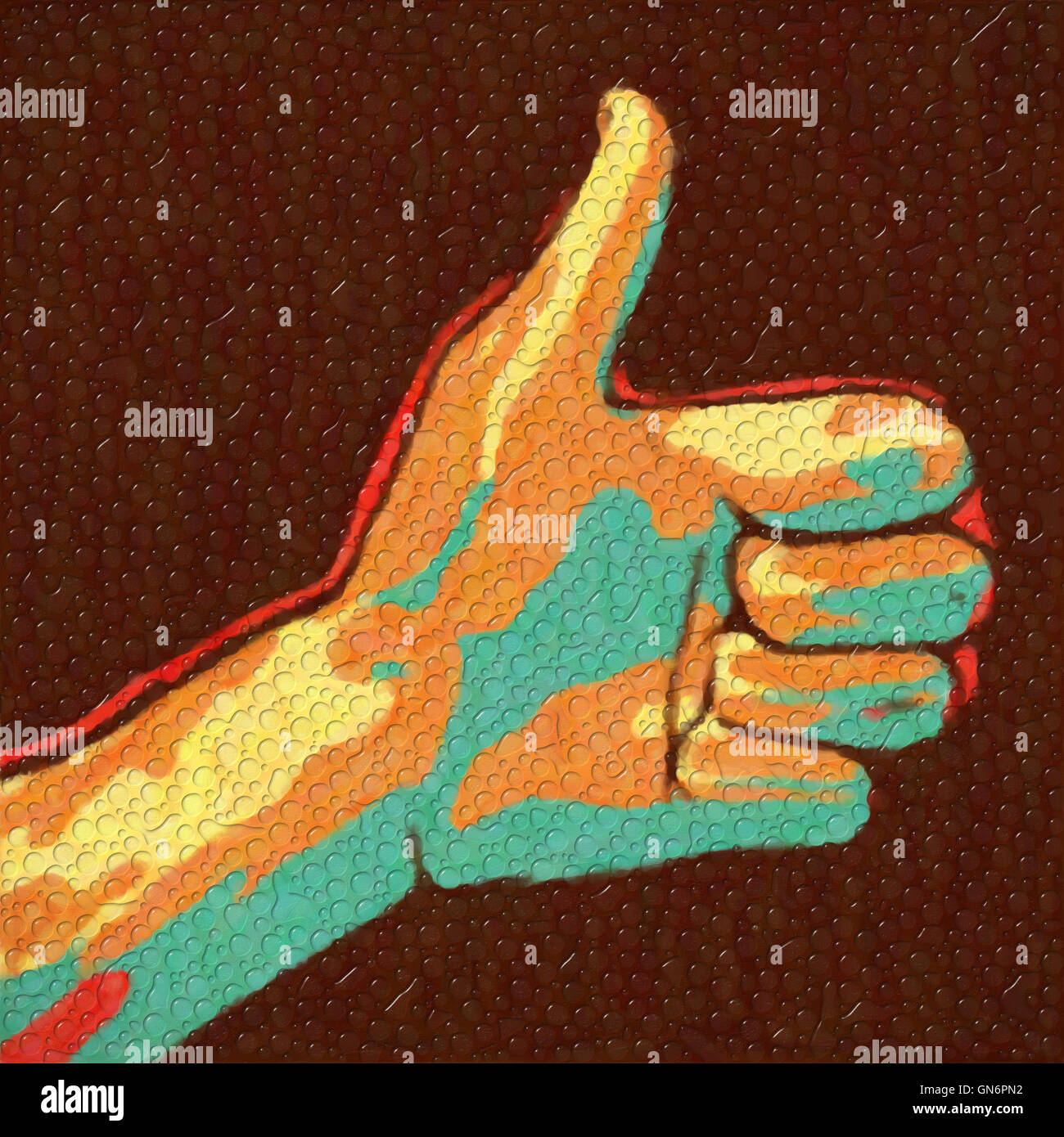 abstract art painted hand showing thumbs up symbol on dark background ...