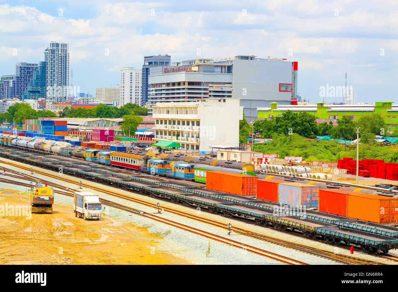 Freight trains on city cargo terminal,Transportation by rail Stock ...