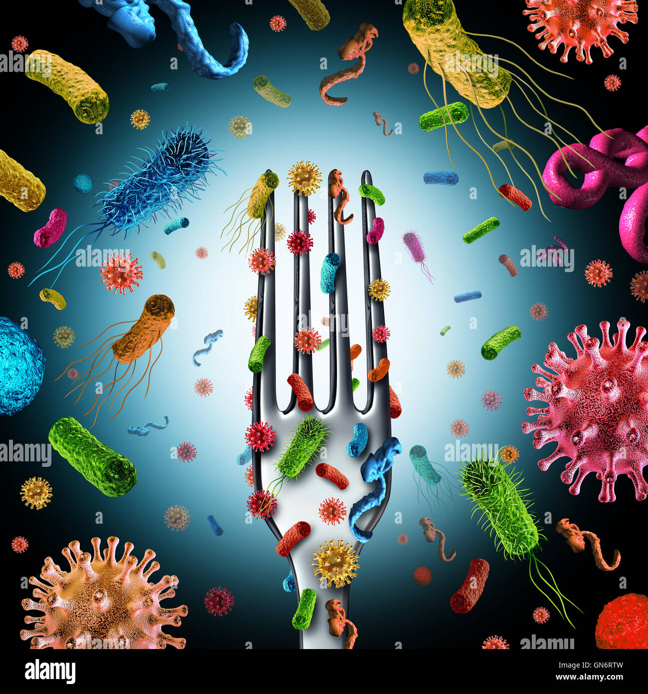 Bacteria and germs on food as a cutlery fork with dangerous cells on ...