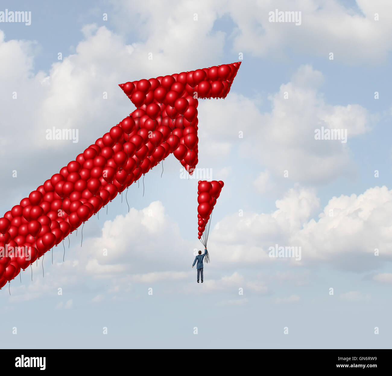 Business success builder concept as a businessman rising with balloons ...