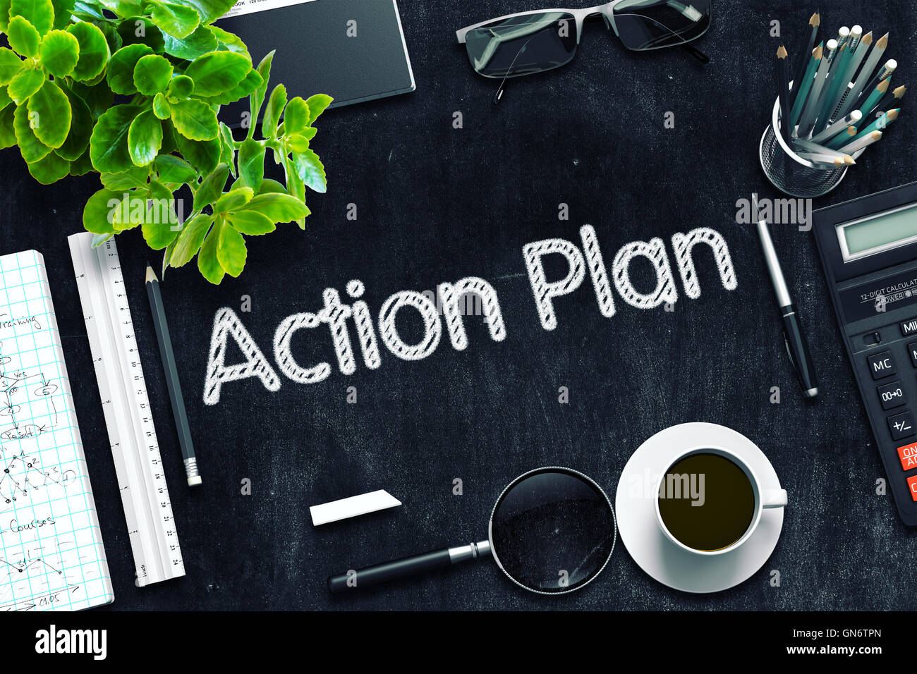 Action Plan on Black Chalkboard. 3D Rendering Stock Photo - Alamy