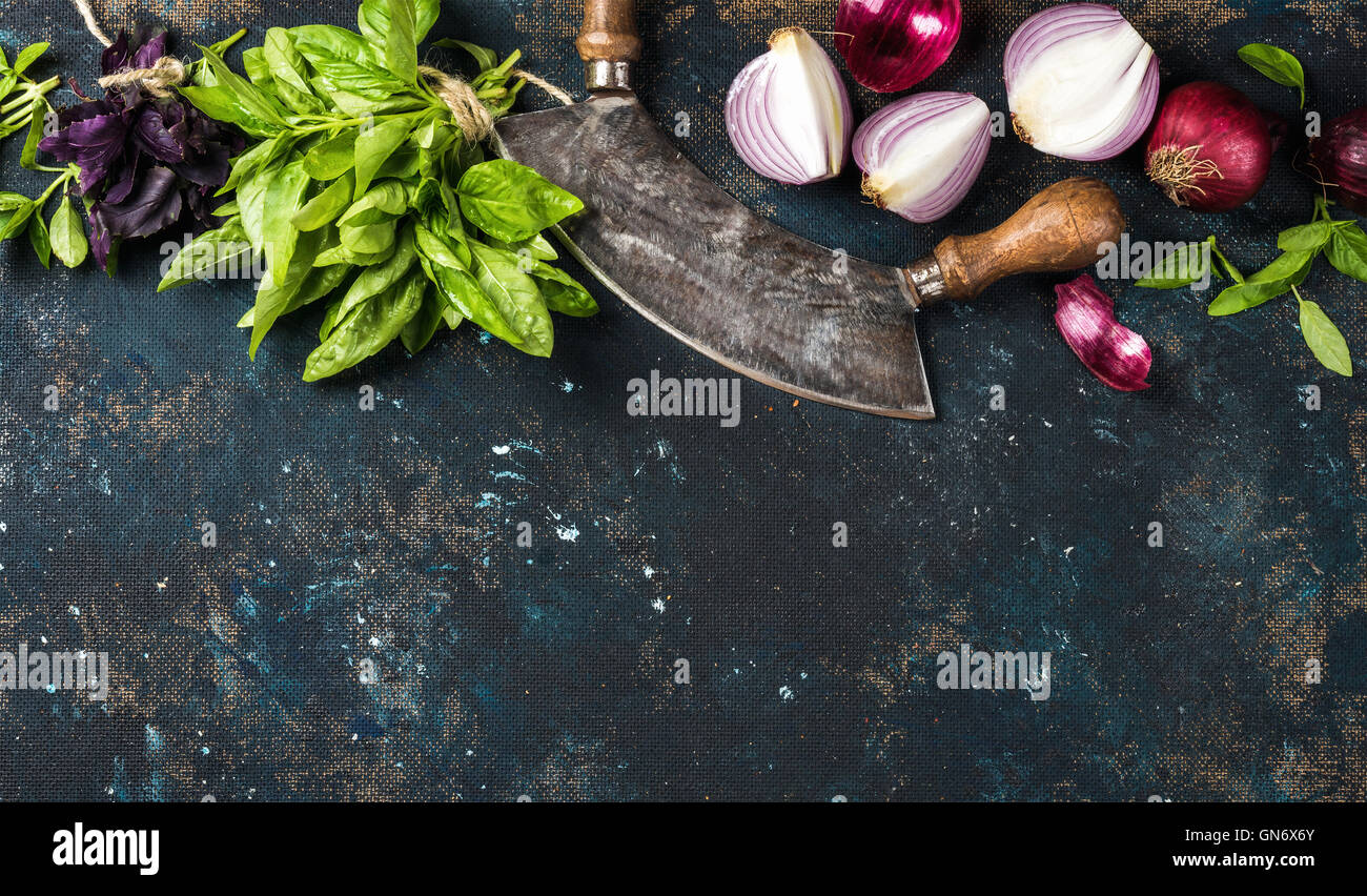 Healthy food cooking background over dark blue painted plywood texture ...