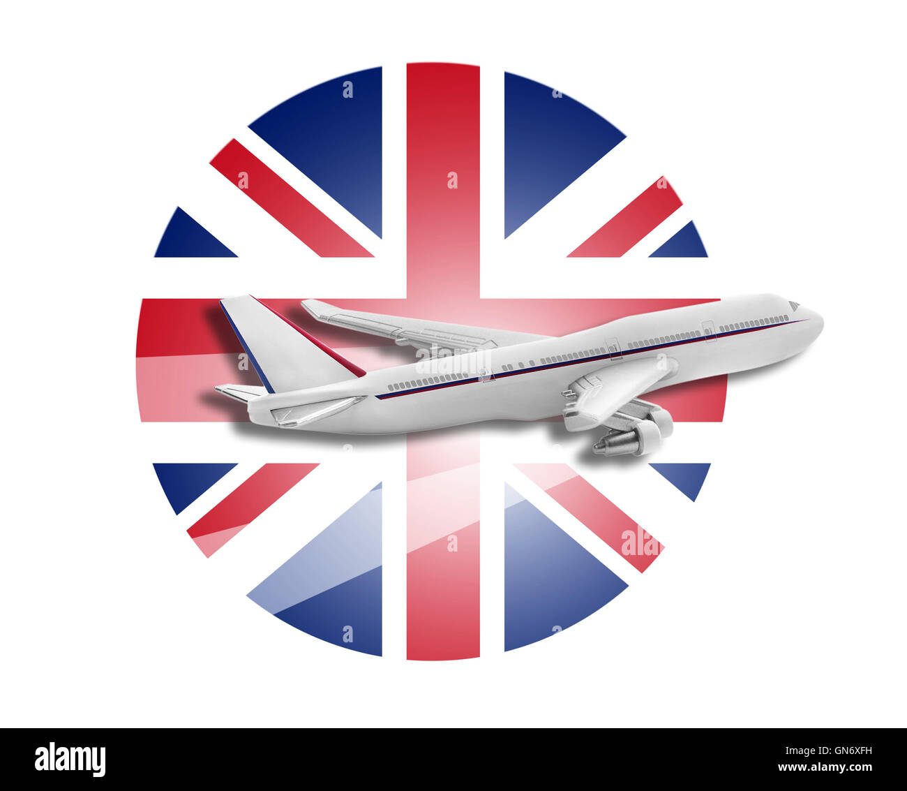 Plane on the background flag of the United Kingdom. Travel concept ...