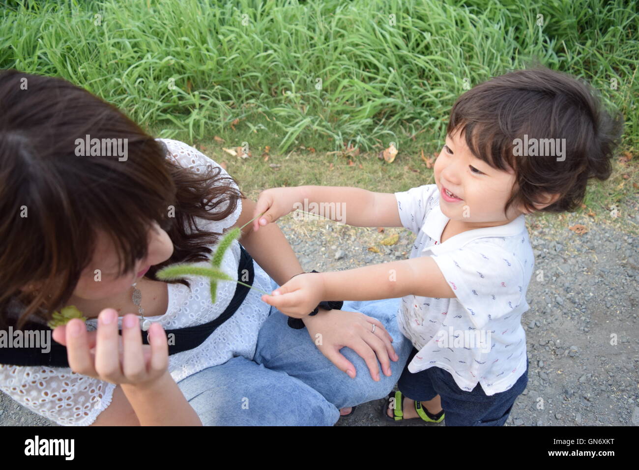 mother and her boy are palying outer place Stock Photo - Alamy