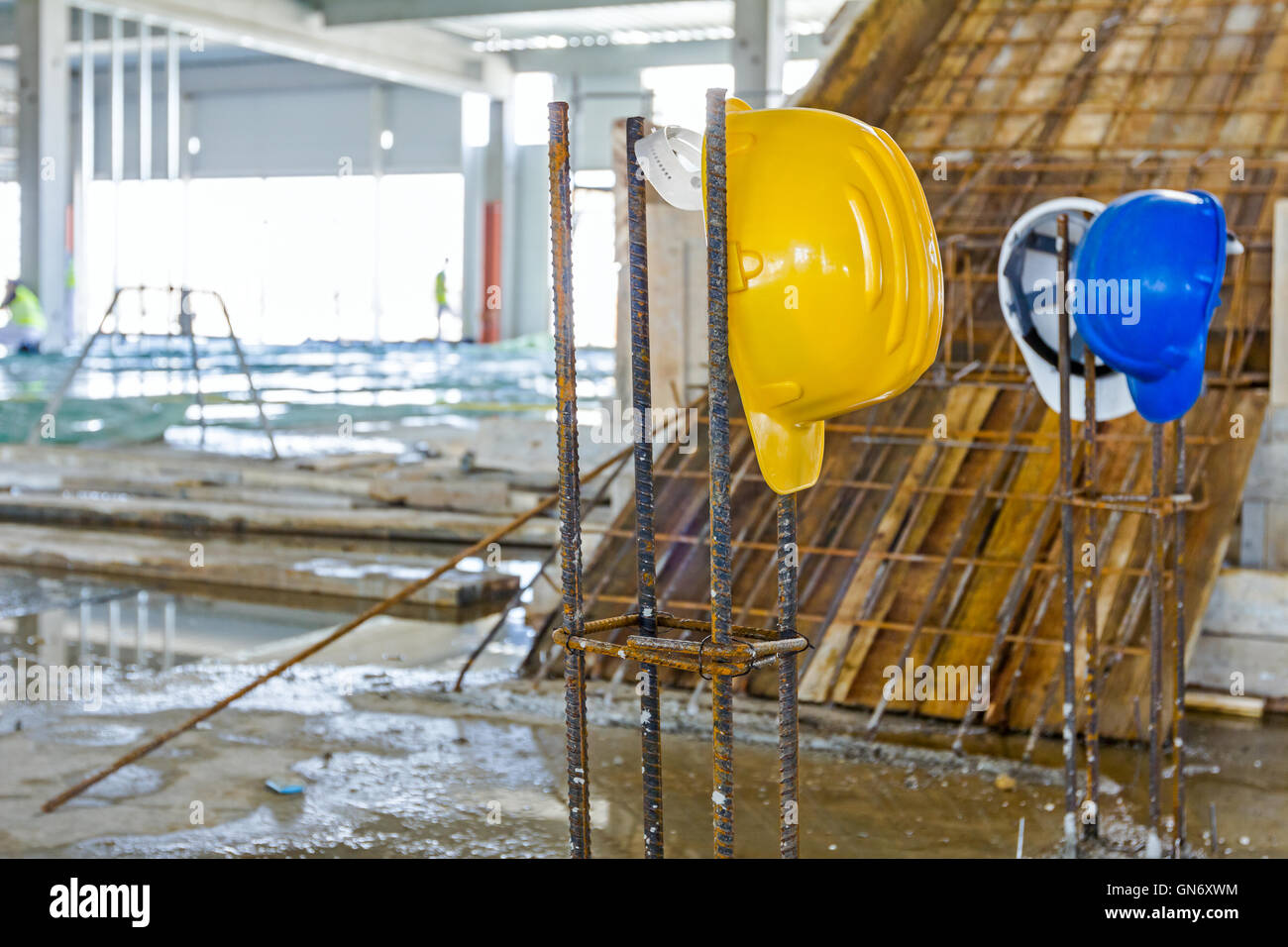 Safety equipment placed on the tied reinforcing basic metal profile in ...
