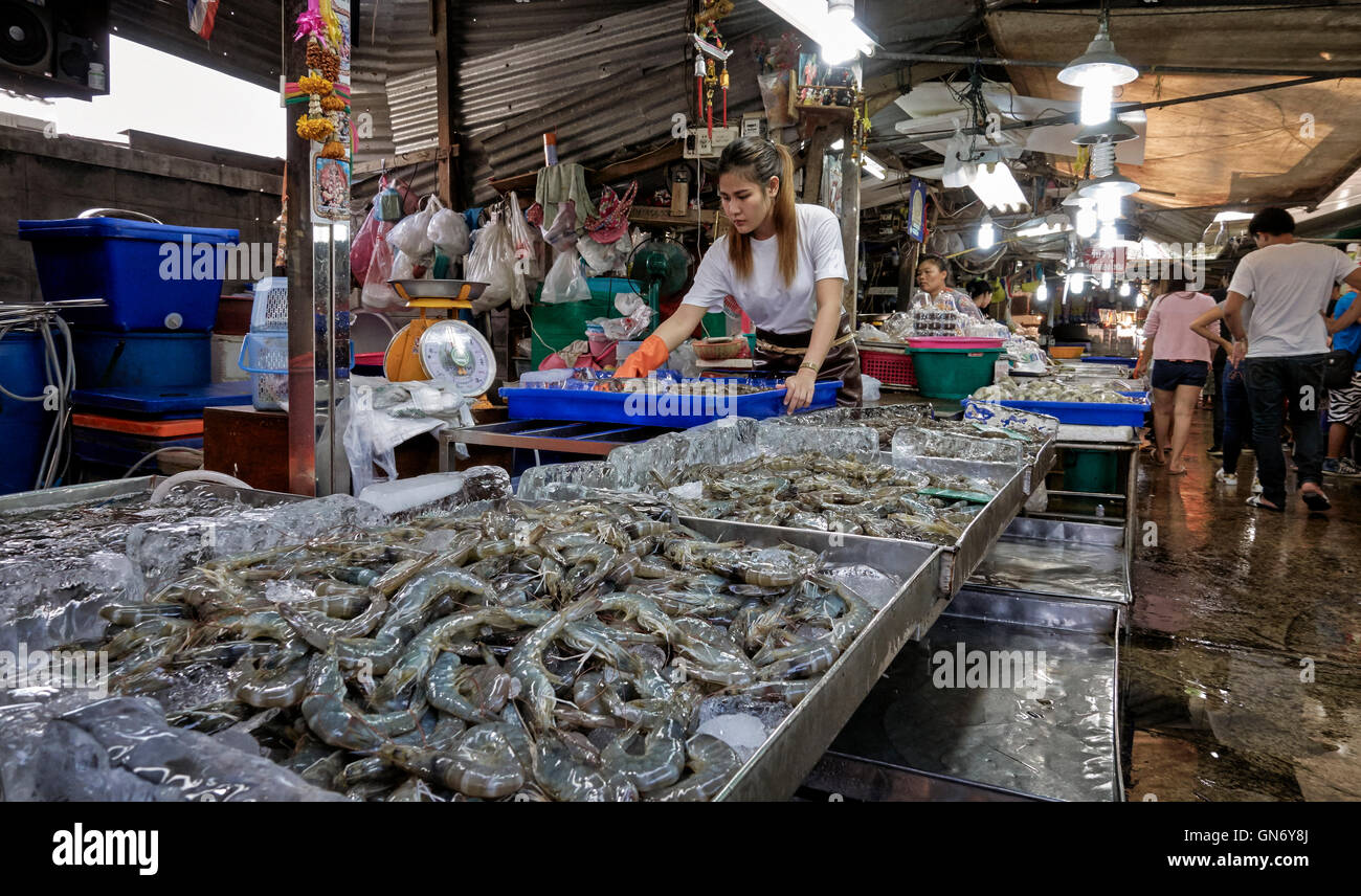 Thailand indoor fish market with female food vendor. S. E. Asia Stock ...