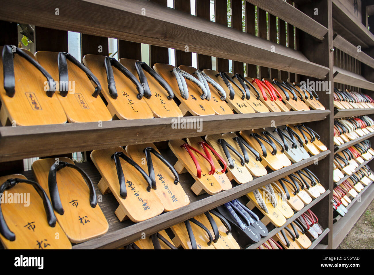 Wooden Flip-Flops Displayed in Line, Toyooka, Japan Stock Photo - Alamy