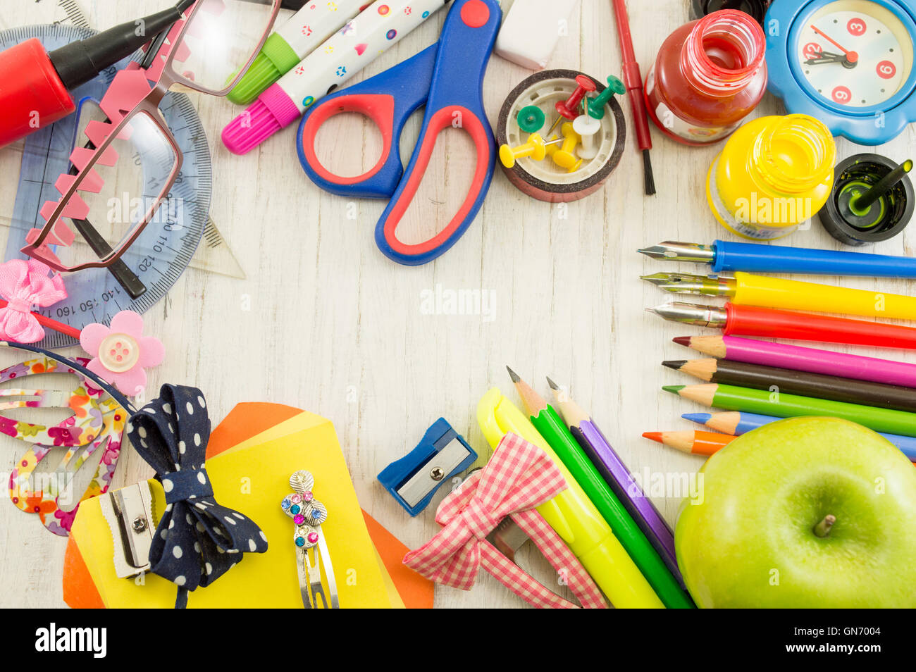 Creative chaos of learning tools for new school year Stock Photo - Alamy