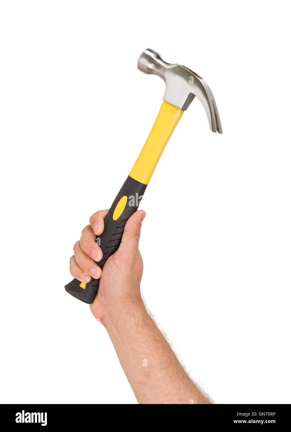 Hand with hammer isolated on white. House repair and renovation ...