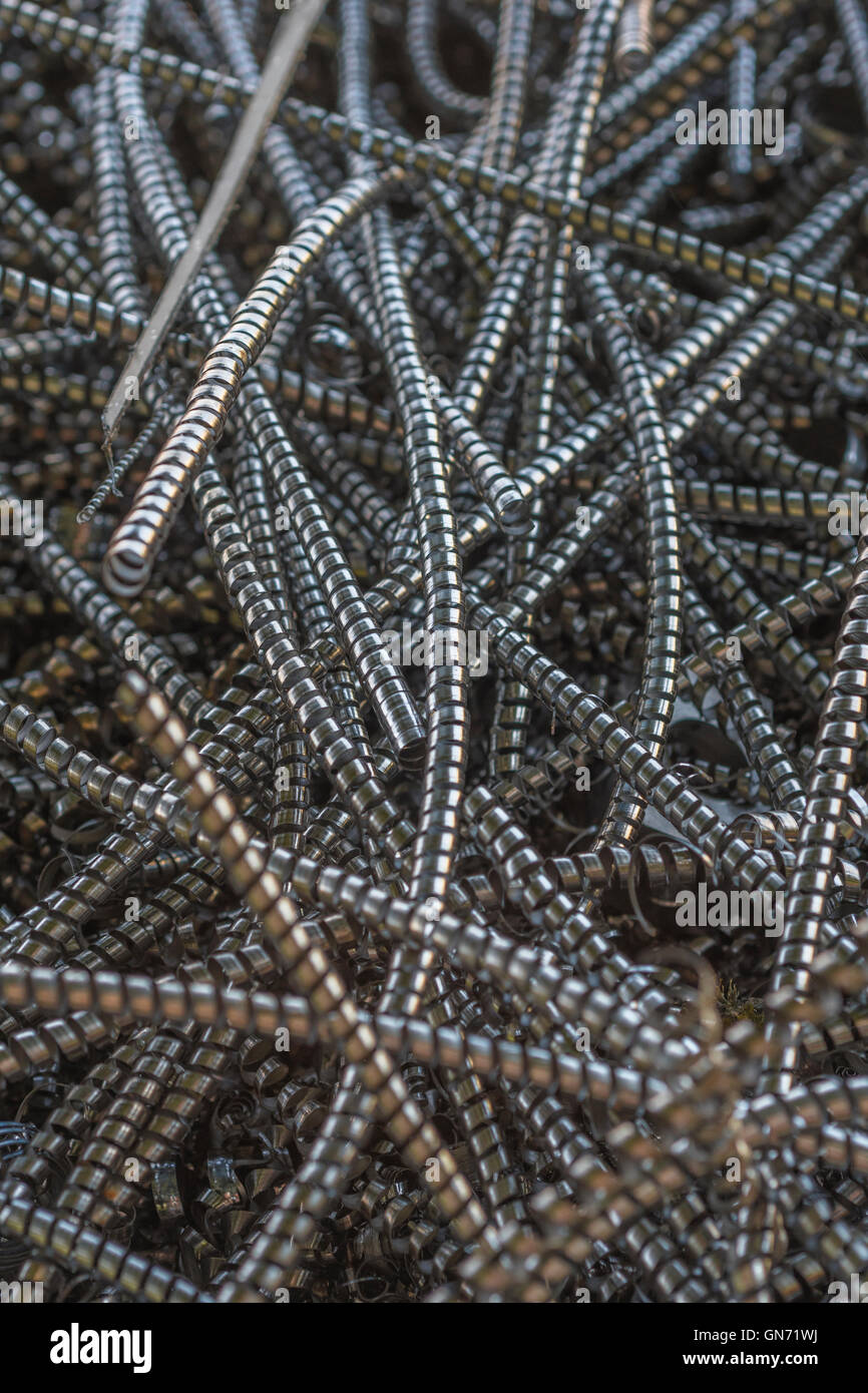 Close shot of metal turnings / industrial swarf from CNC machining ...