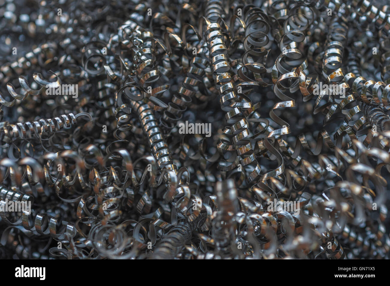 Close shot of metal turnings / industrial swarf from CNC machining ...