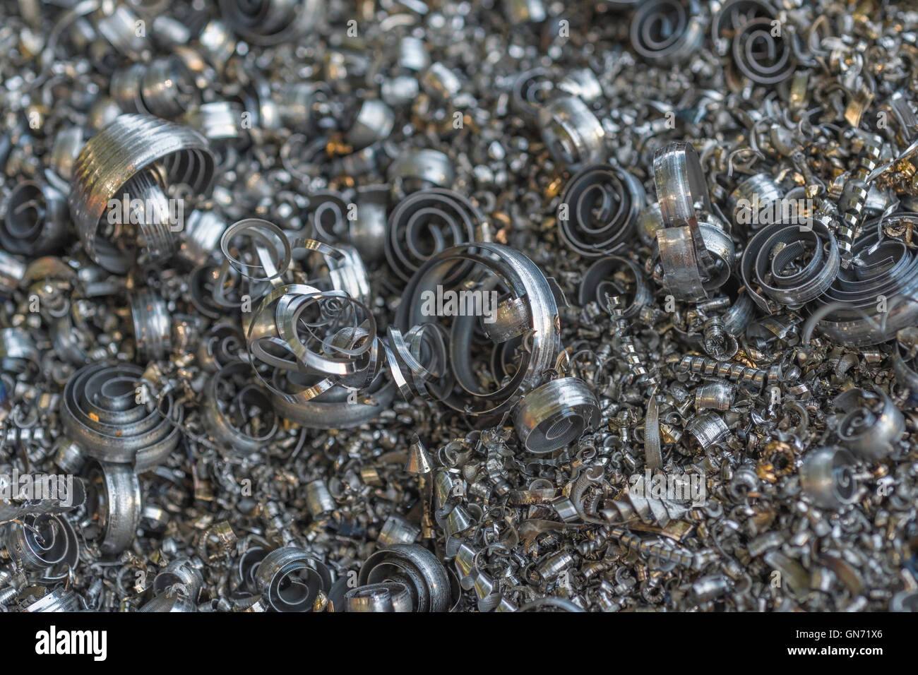 Close shot of metal turnings / industrial swarf from CNC machining ...