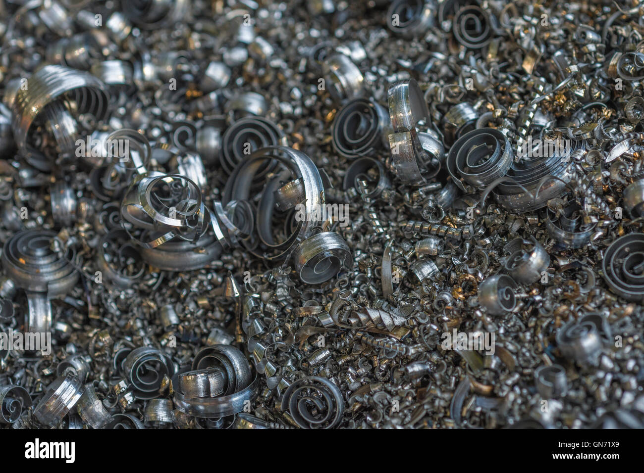 Close shot of metal turnings / industrial swarf from CNC machining ...