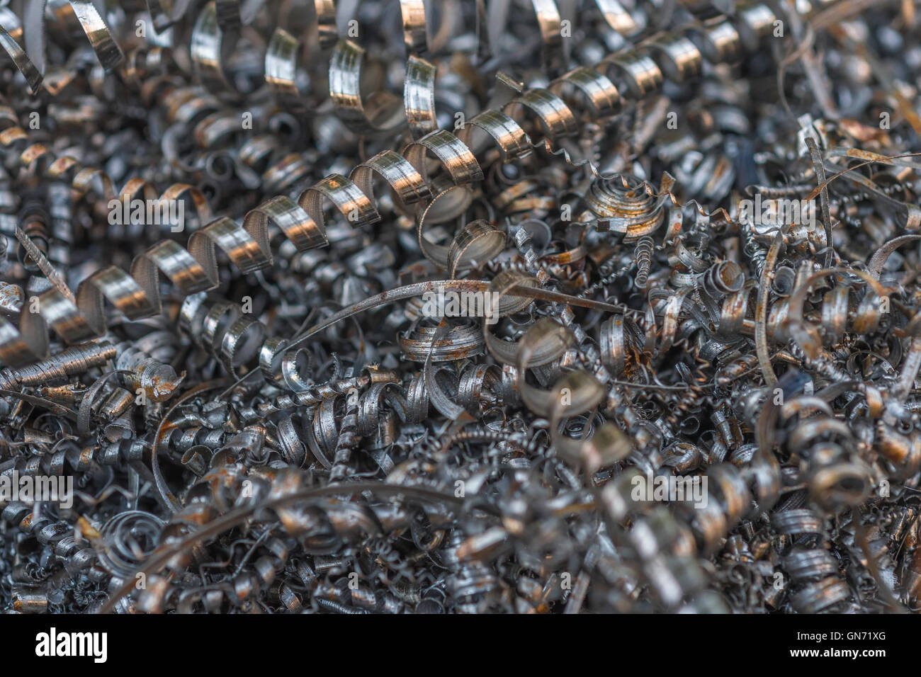 Close shot of metal turnings / industrial swarf from CNC machining ...