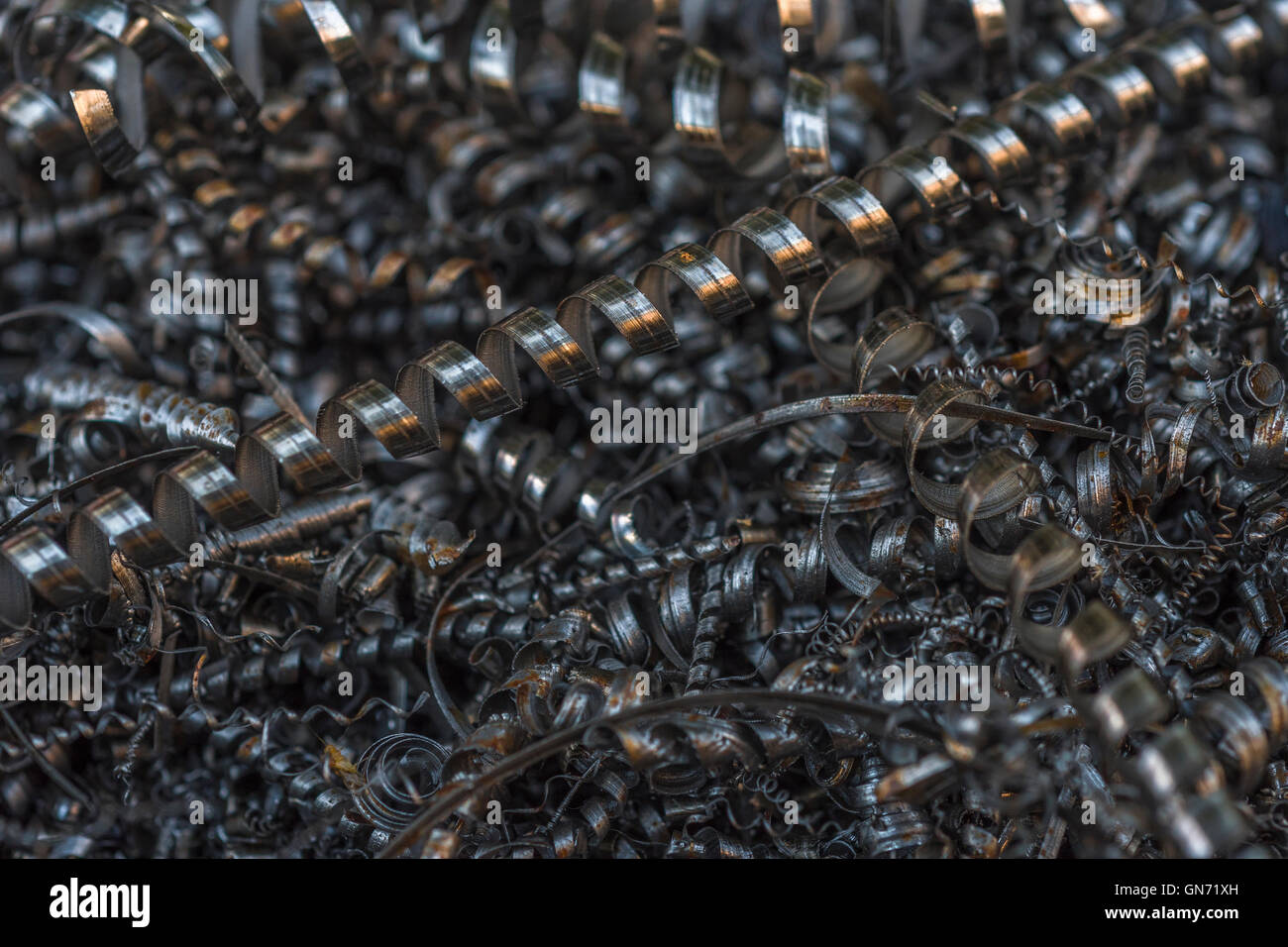 Close shot of metal turnings / industrial swarf from CNC machining ...