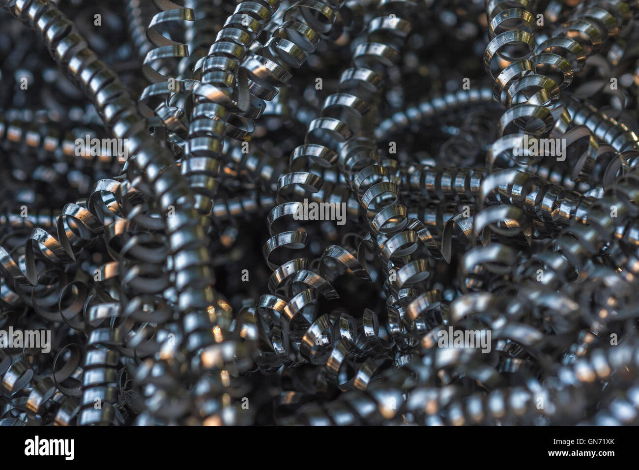 Close shot of metal turnings / industrial swarf from CNC machining ...
