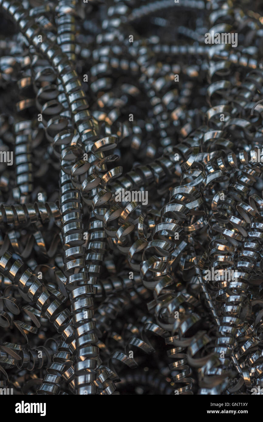 Close shot of metal turnings / industrial swarf from CNC machining ...