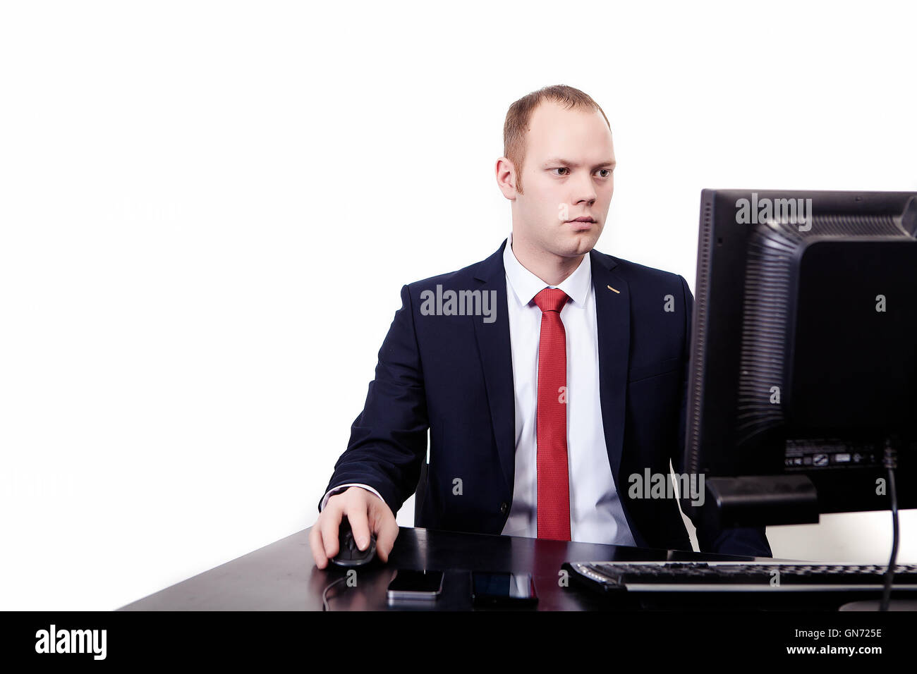 Man working alone in an office. isolated on white background Stock ...