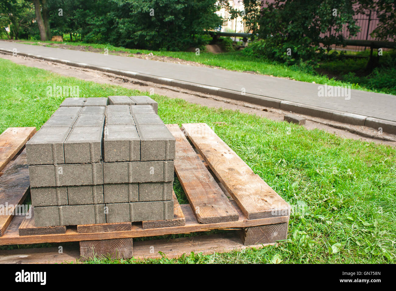 construction of a new pavement of paving slabs in residental area Stock ...