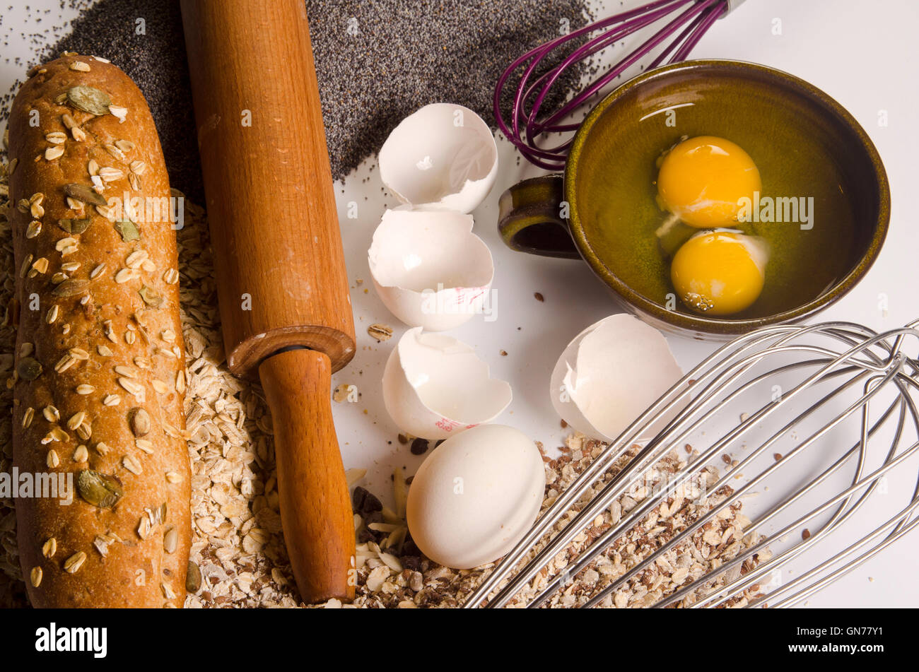 baking concept with ingredients, tools and baked goods Stock Photo - Alamy