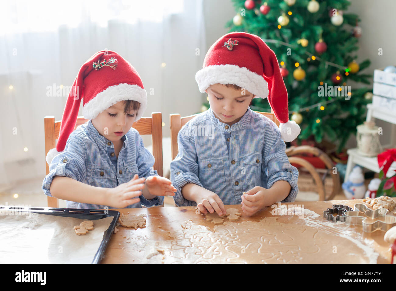 Two cute boys with santa hat, preparing cookies at home, Christmas tree ...