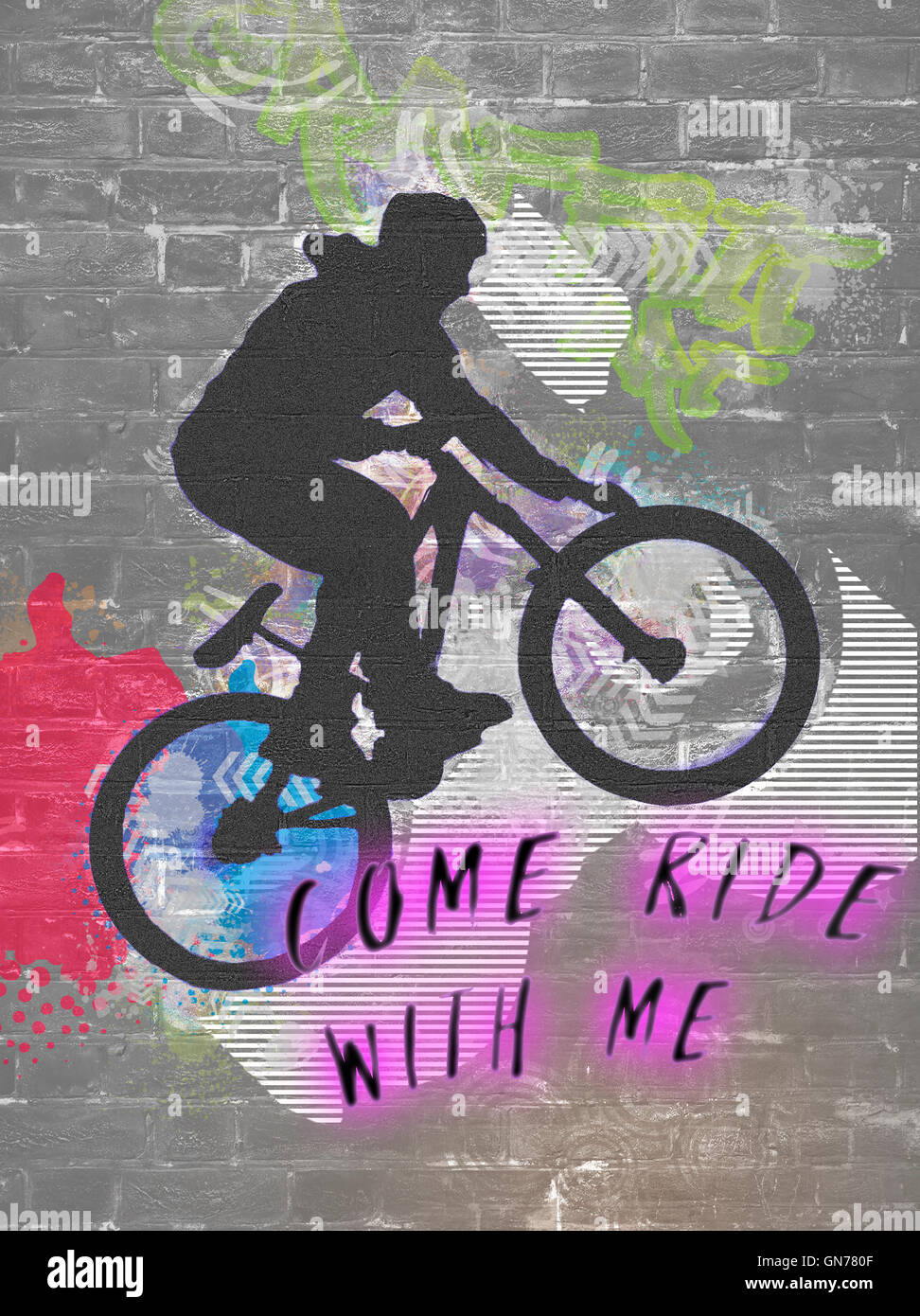 Come ride with me, wall graffiti image of a bicycle stunt Stock Photo ...