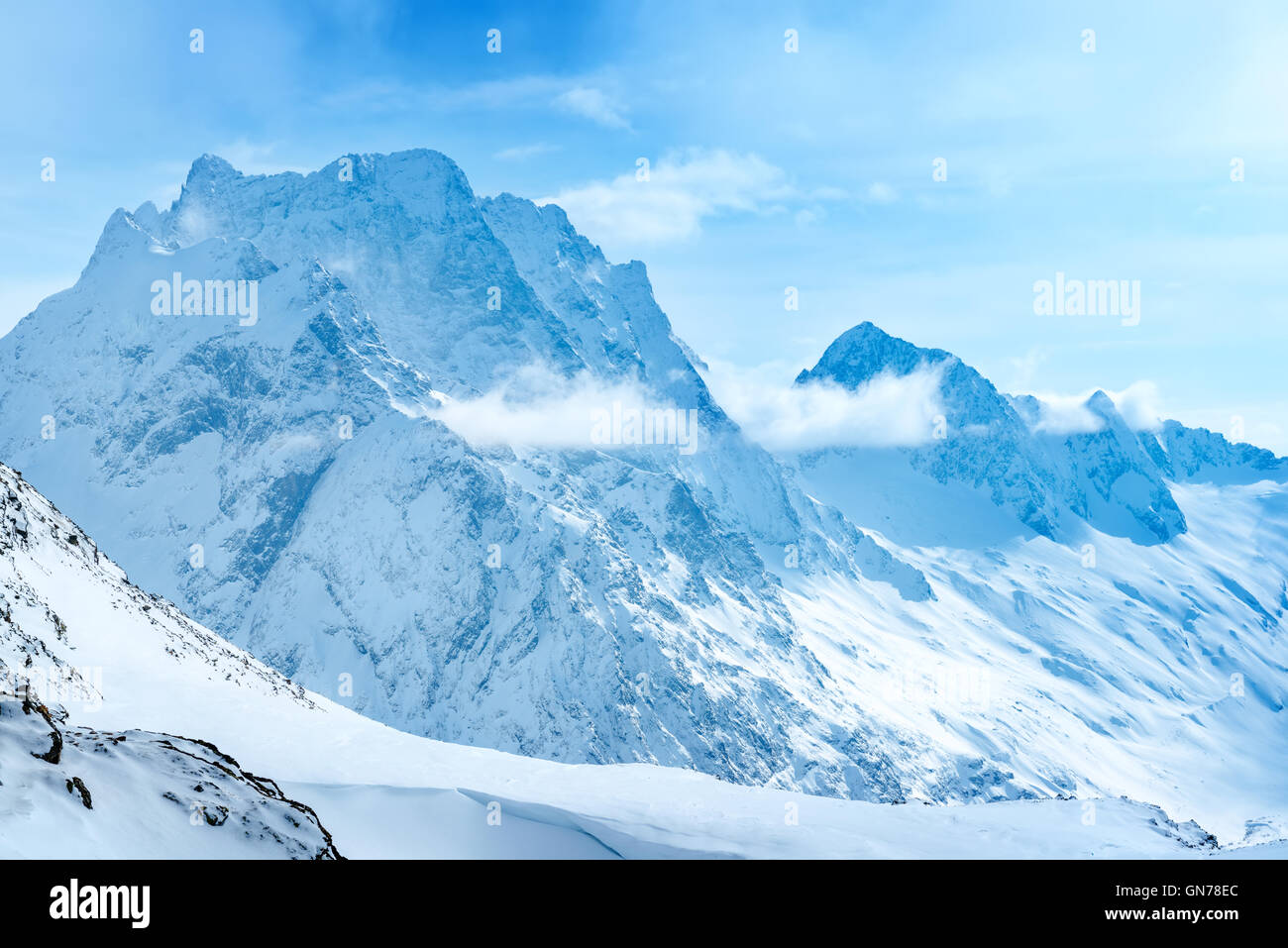 beautiful landscape winter snow covered of Dombaj mountain peaks, close ...
