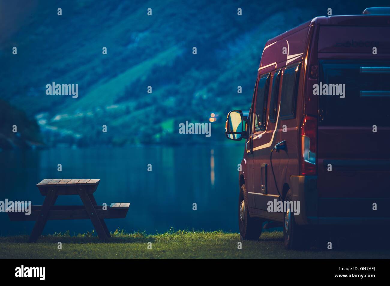 RV Camping at Night. Small Camper Van Overnight Camping Stock Photo - Alamy