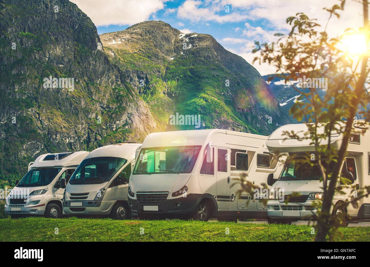 Scenic RV Park Camping. Few Camper Vans in Remote Location. RVing Theme ...