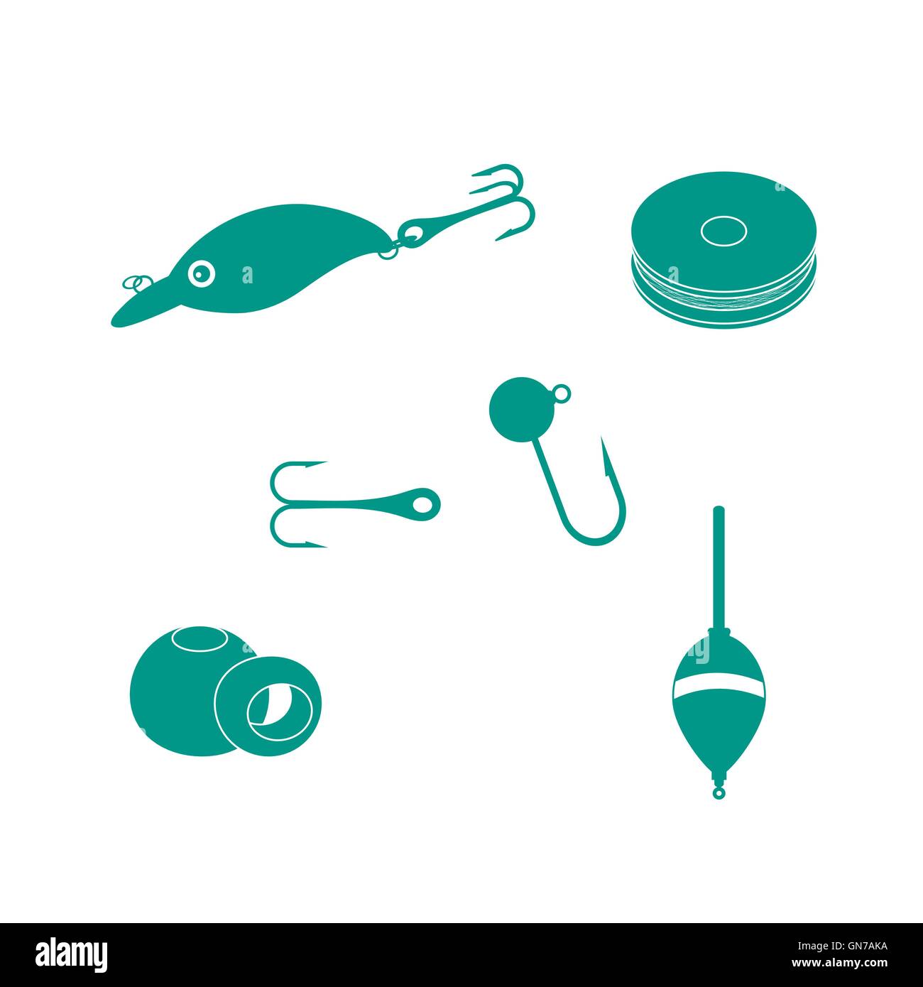 Colorful set of different tools for fishing on a white background Stock ...