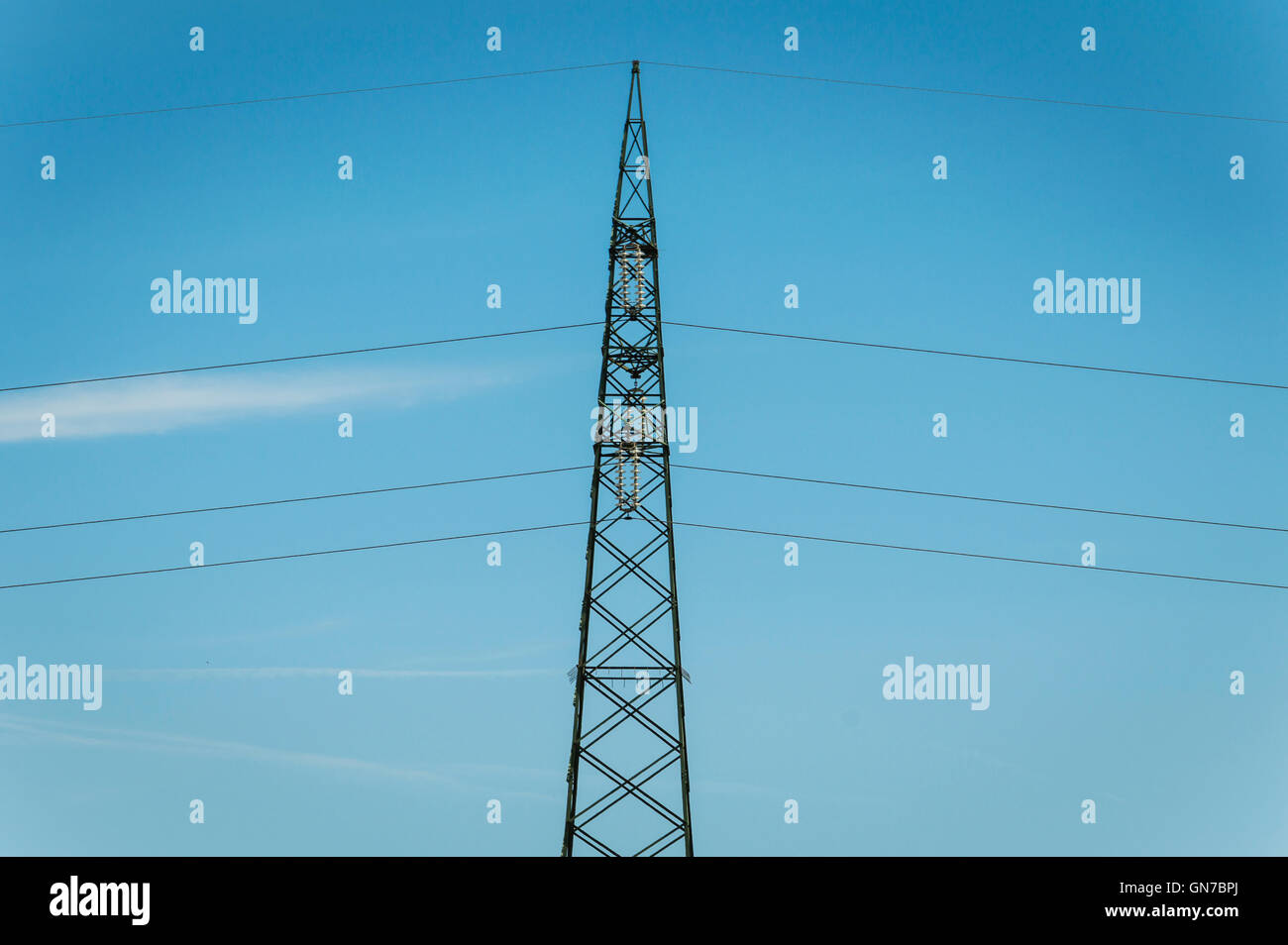 Pylon and transmission power line in bright day Stock Photo - Alamy