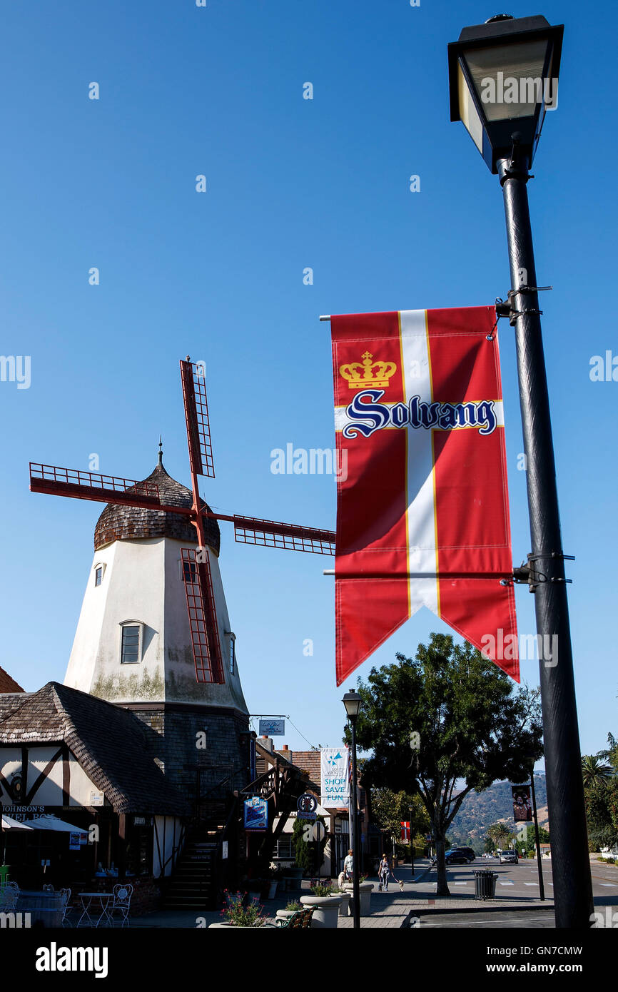 Windmill and lamppost with sign, Solvang, California, United States of ...