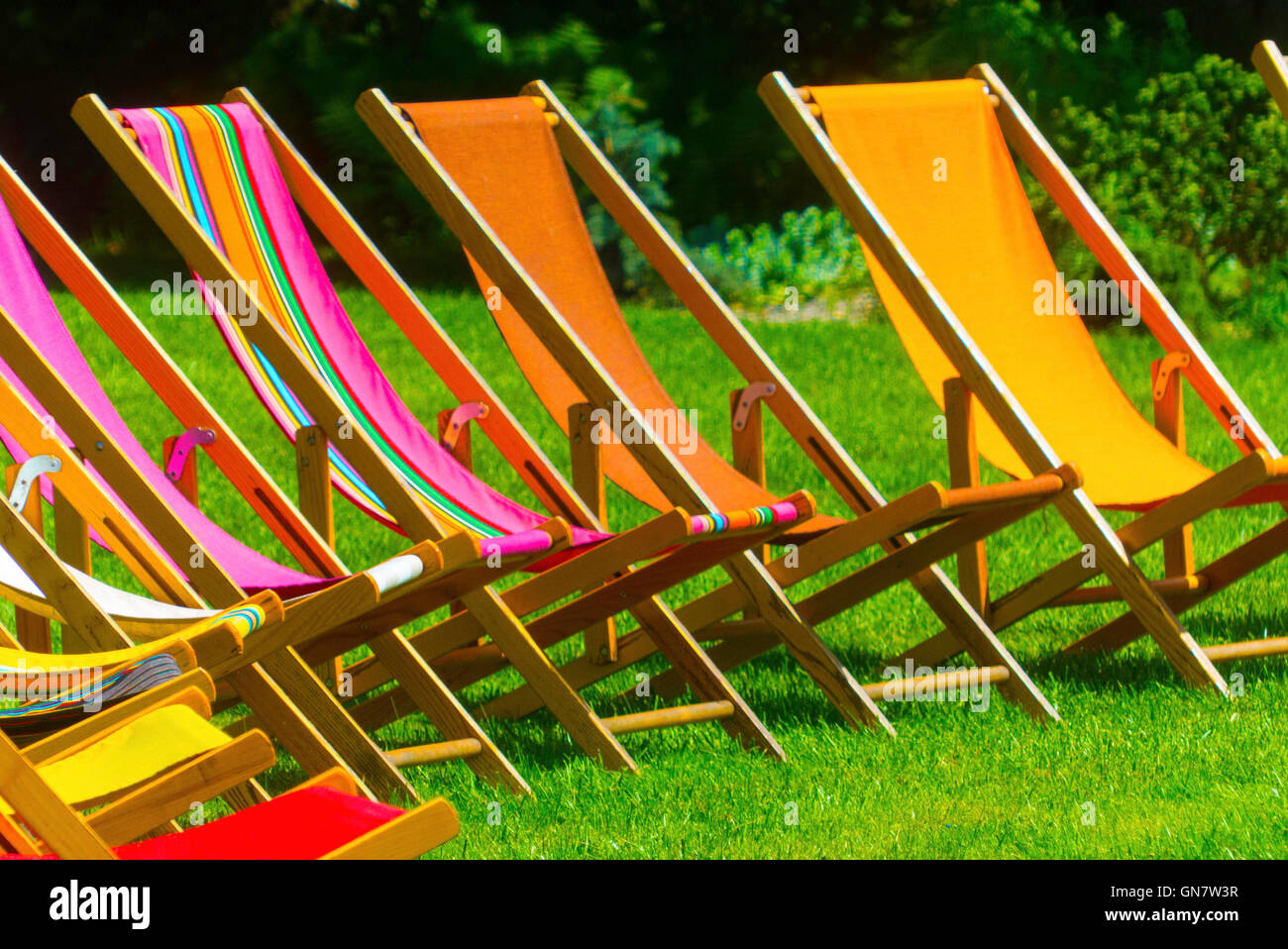 colorful beach chairs in row on grass Stock Photo - Alamy
