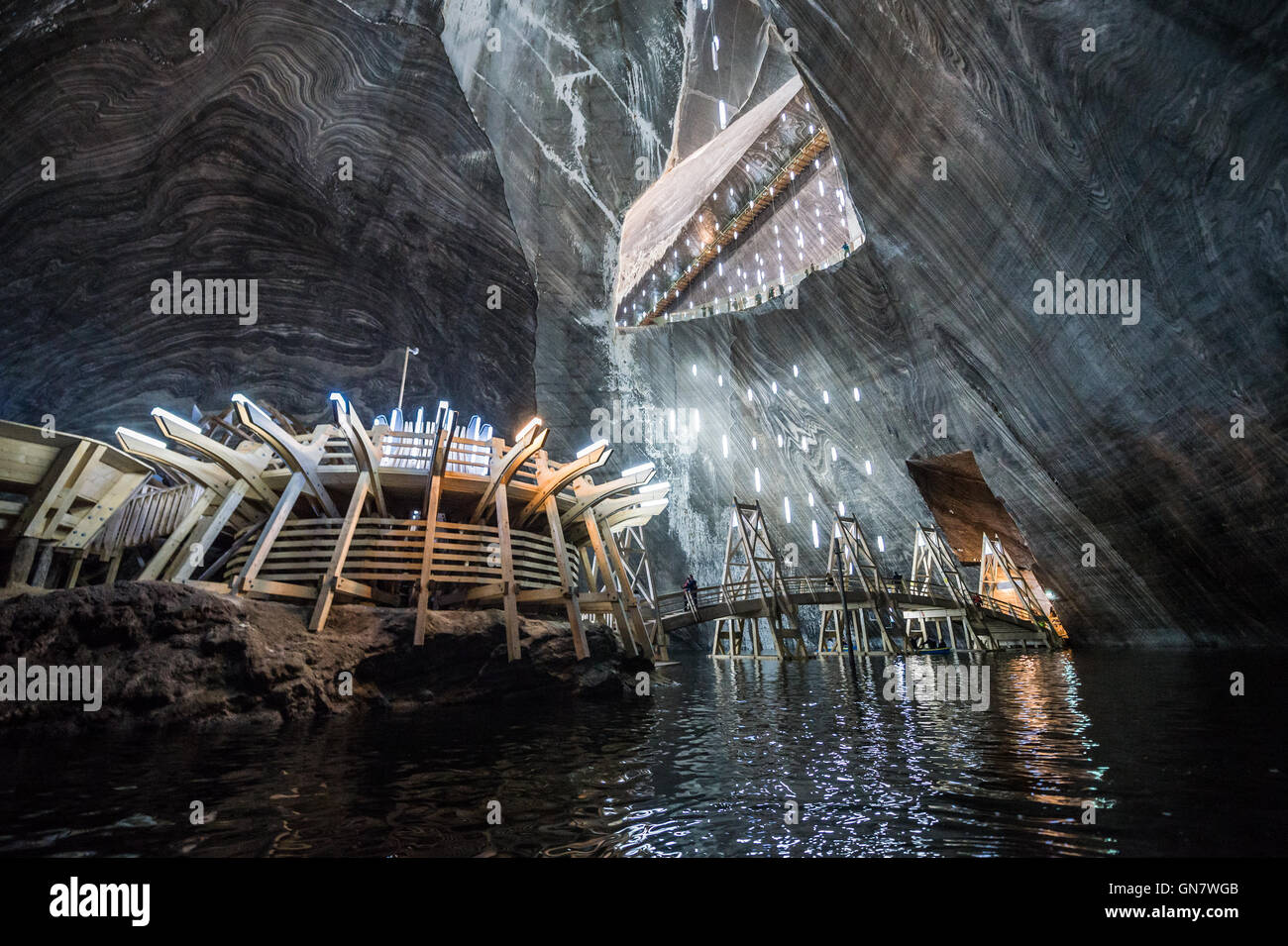 Underground lake in Salina Turda salt mine in Turda city in Romania ...