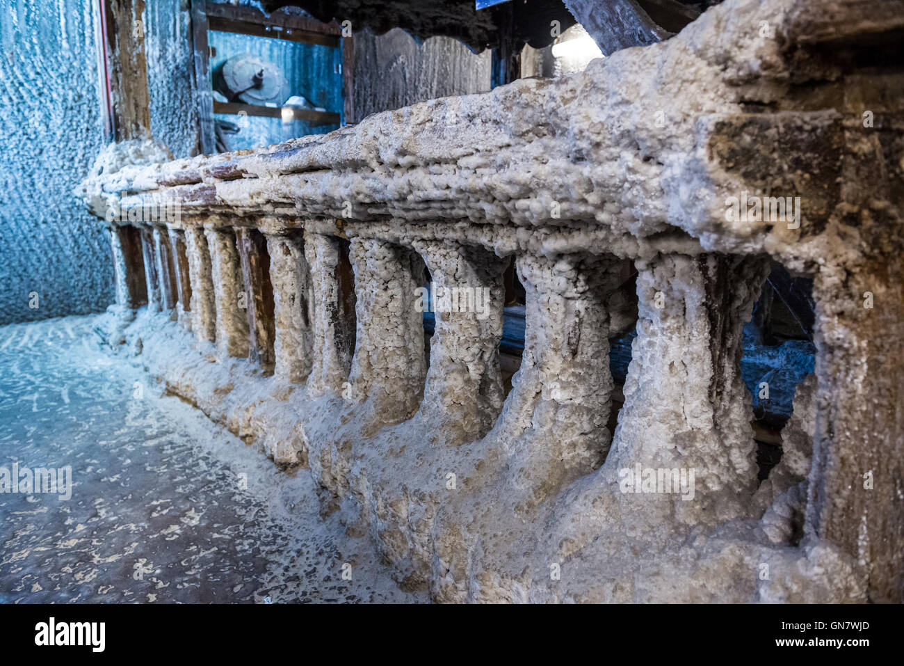 Salt cover stairs railing in Salina Turda salt mine in Turda city in ...