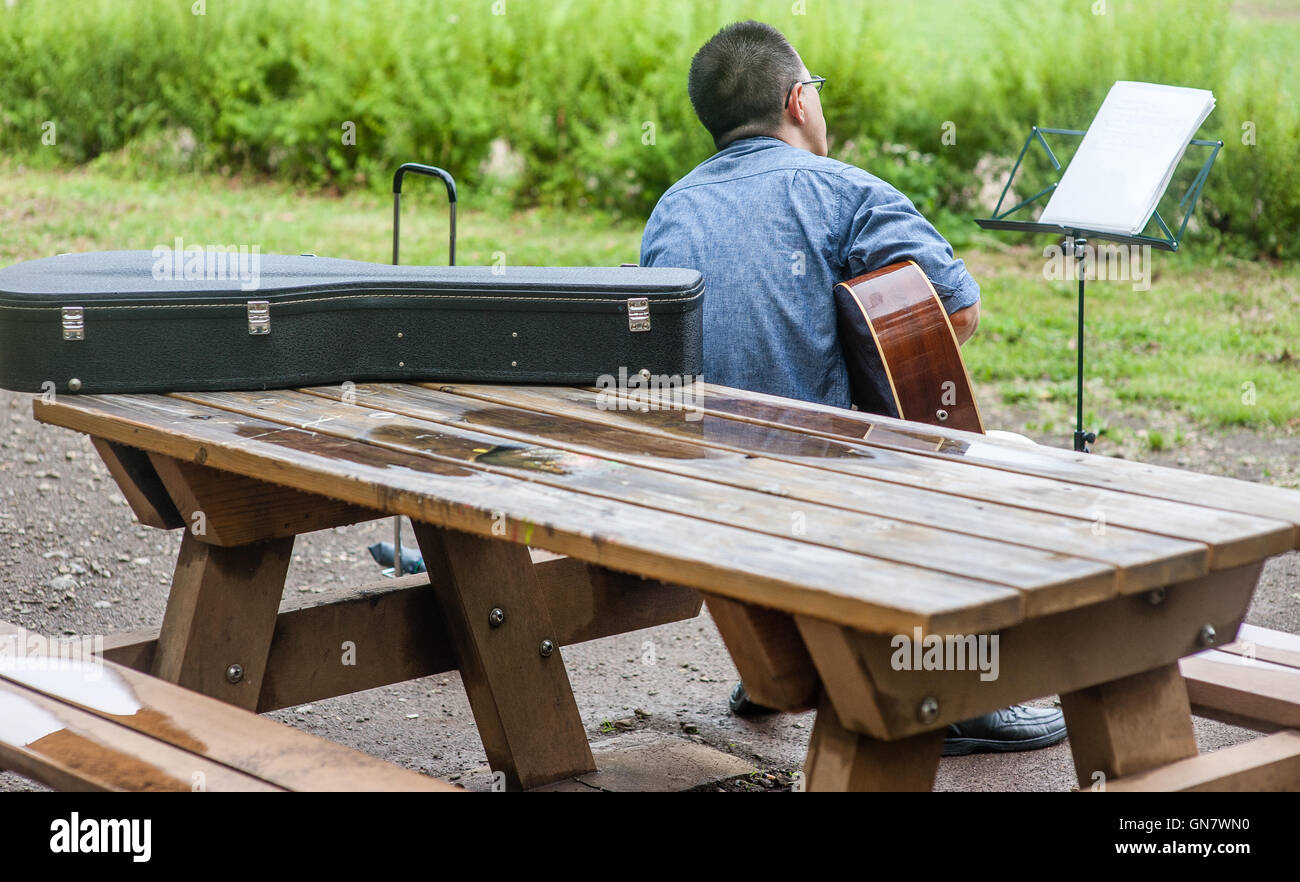 Musician playing guitar in park Stock Photo - Alamy