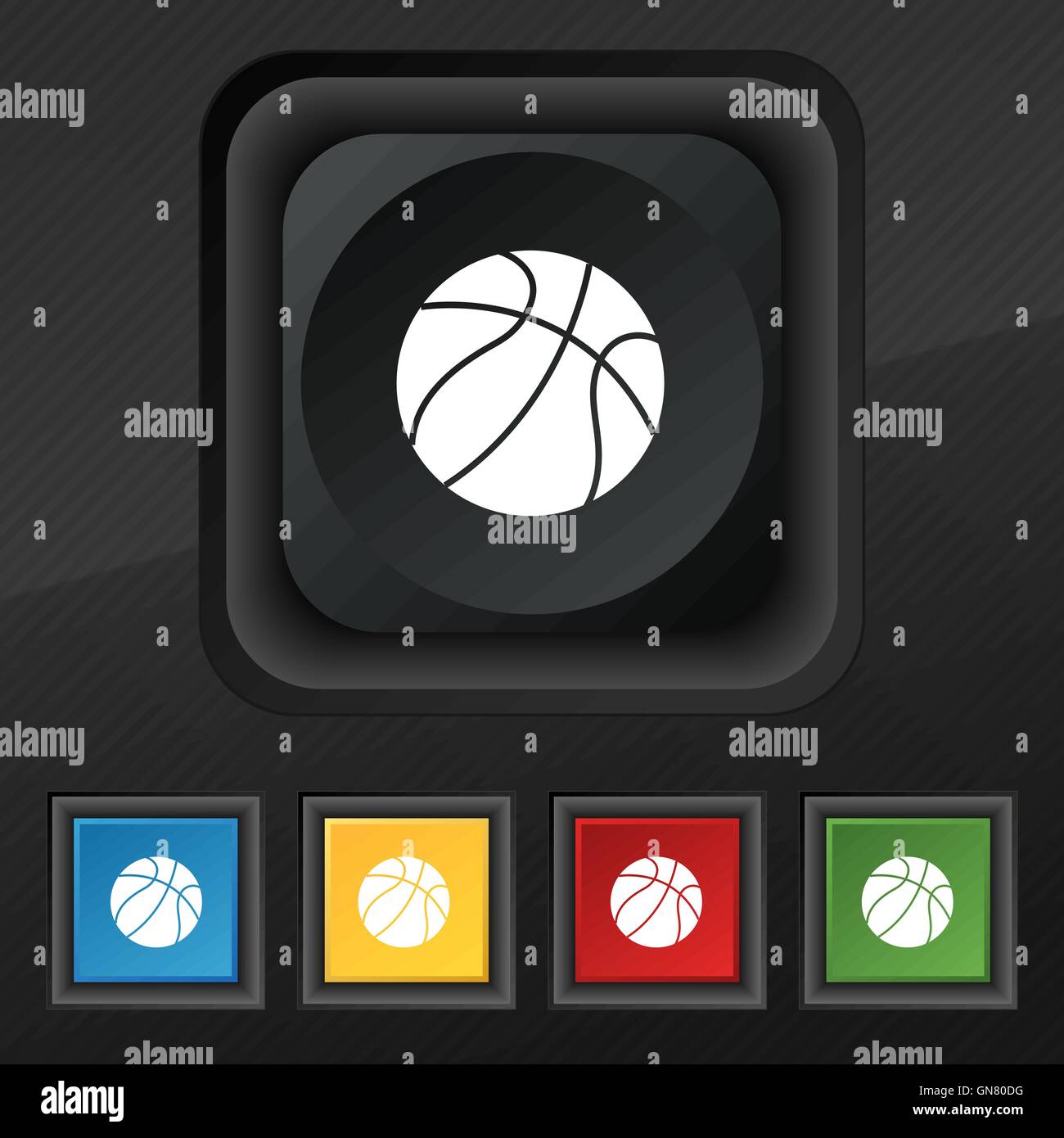 Basketball icon symbol. Set of five colorful, stylish buttons on black ...