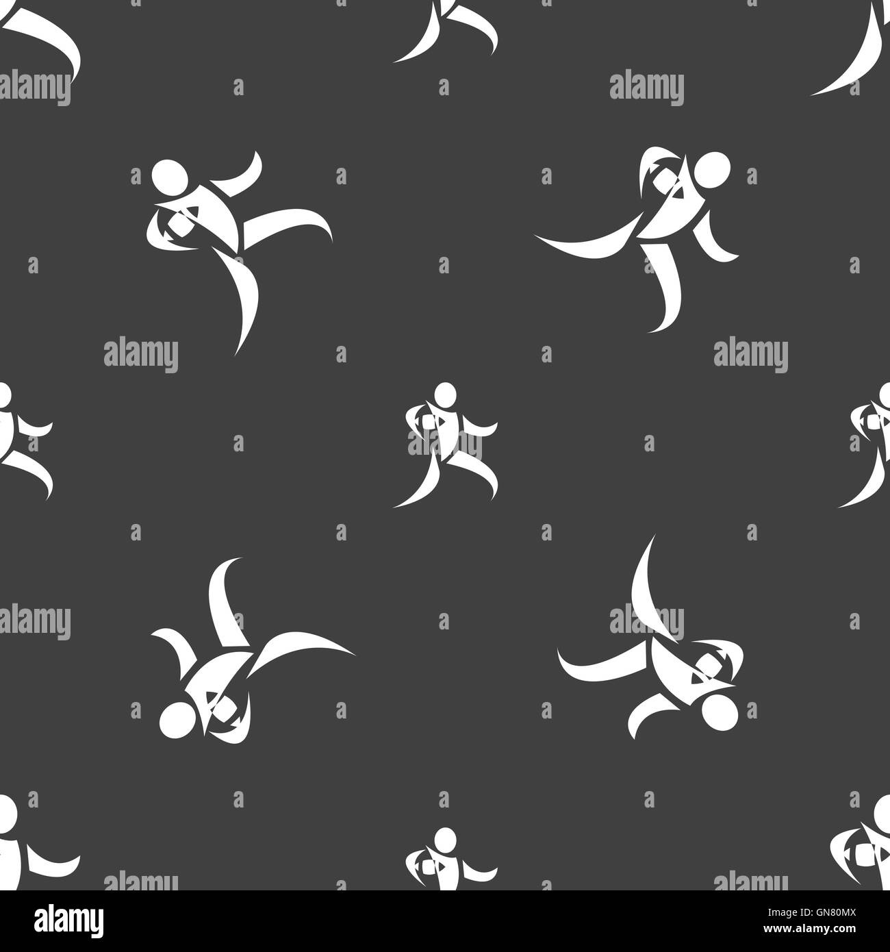 Rugby player running with ball icon sign. Seamless pattern on a gray ...