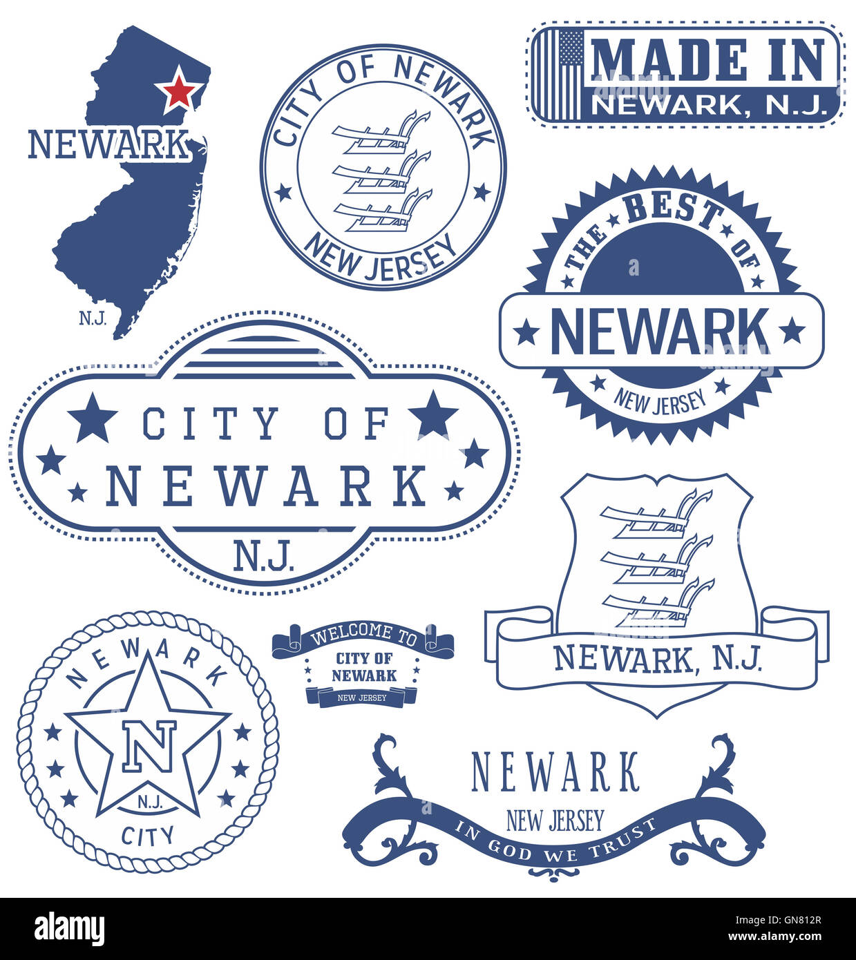 Newark city, New Jersey. Set of generic stamps and signs Stock Photo ...