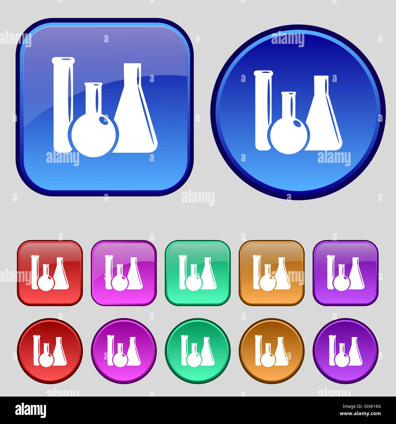 laboratory glass, chemistry icon sign. A set of twelve vintage buttons ...