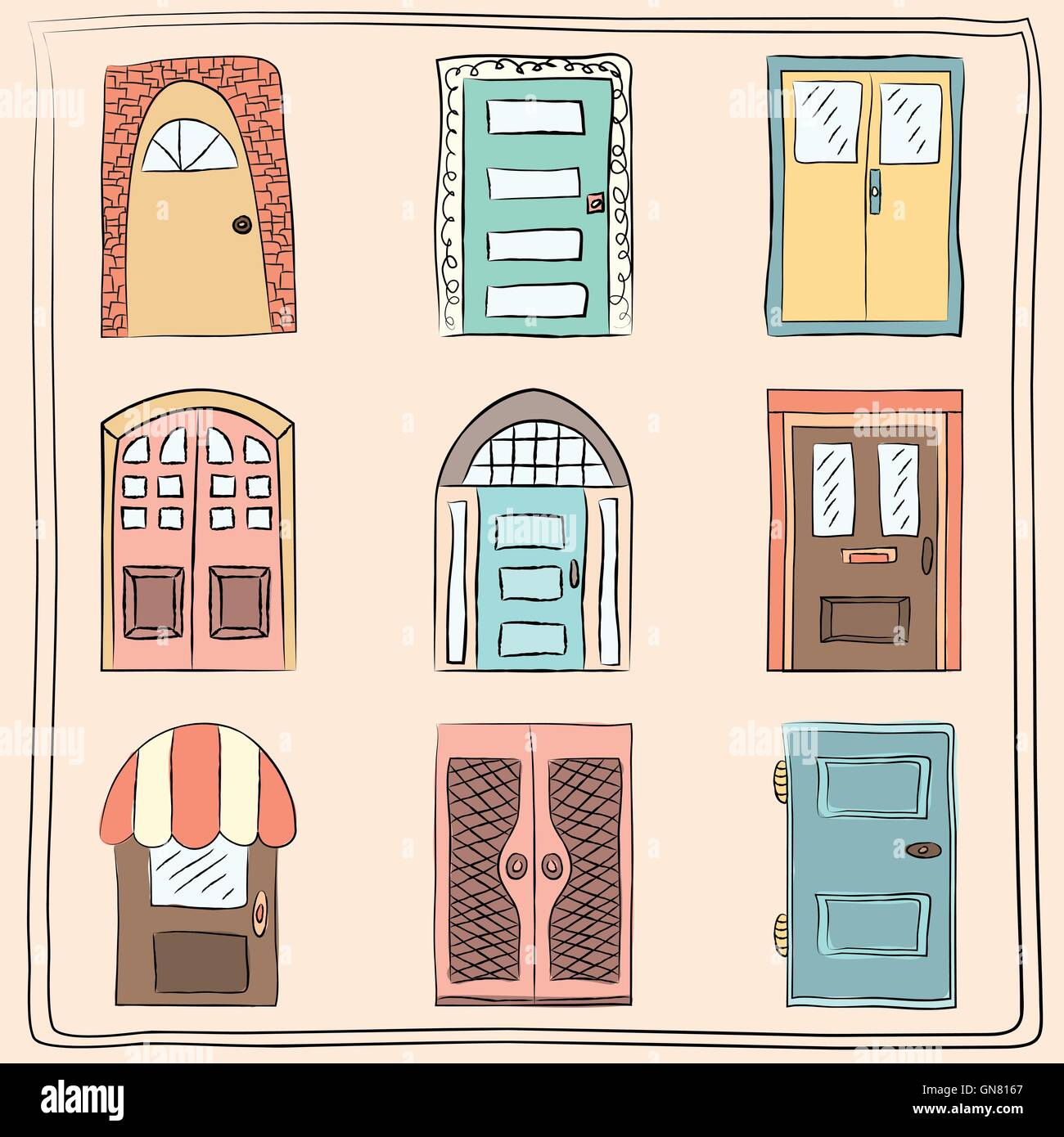 Collection of old door icon, isolated illustration vector. Set w Stock ...