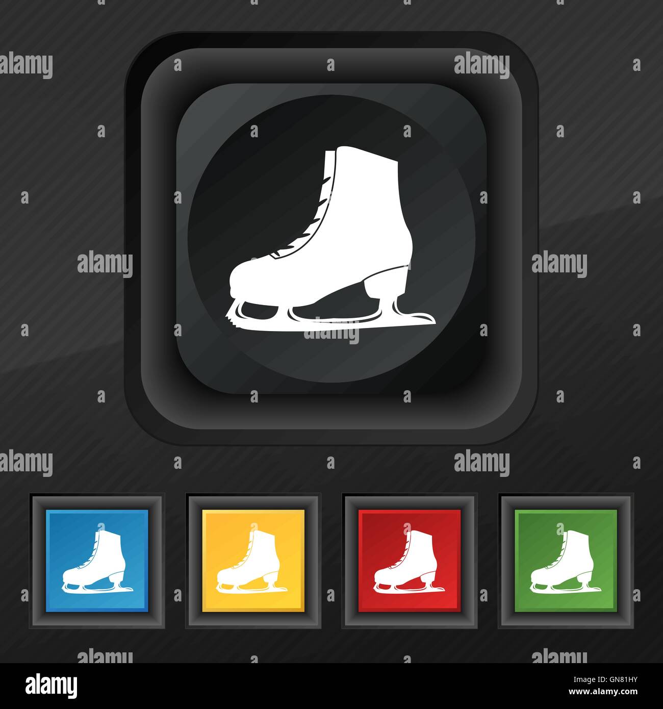 Ice skate icon symbol. Set of five colorful, stylish buttons on black ...