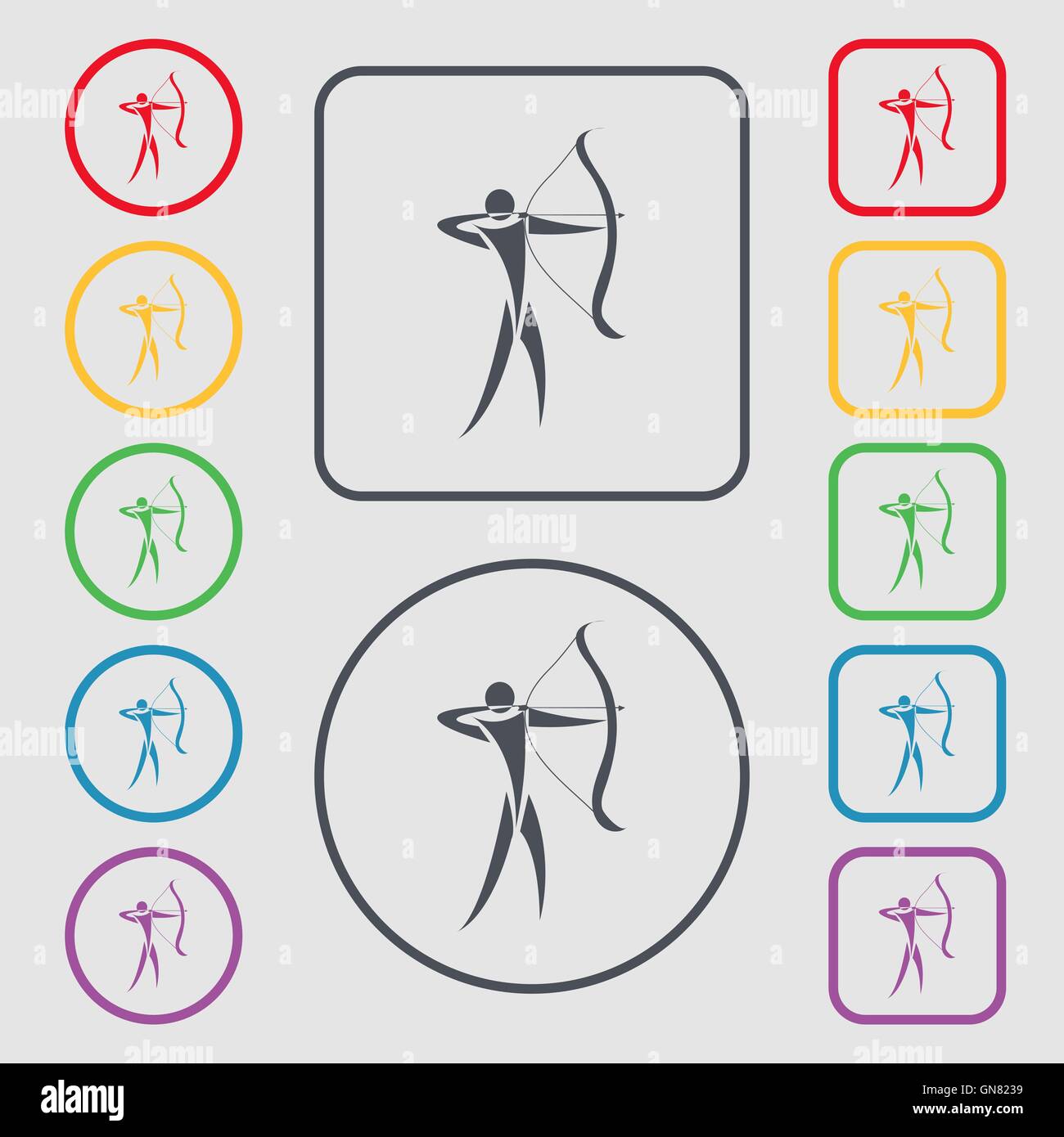 Archery icon sign. symbol on the Round and square buttons with frame ...
