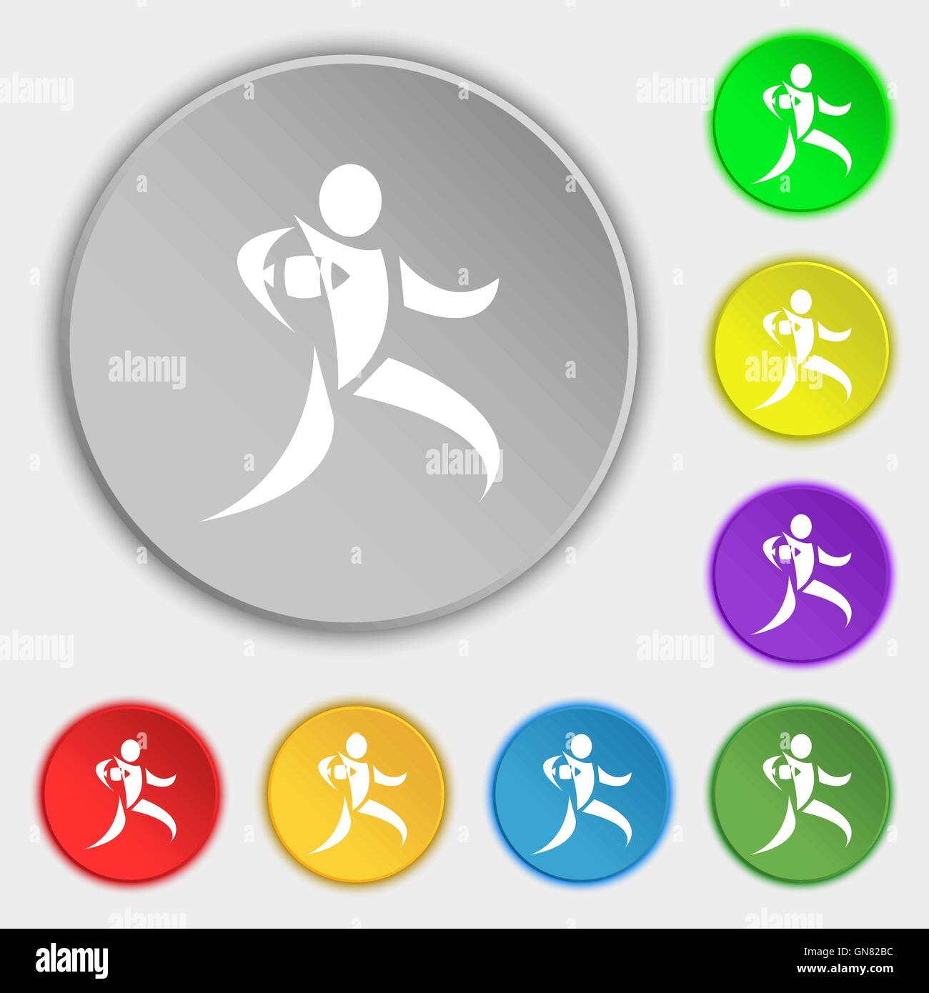 Rugby player running with ball icon sign. Symbol on eight flat buttons ...