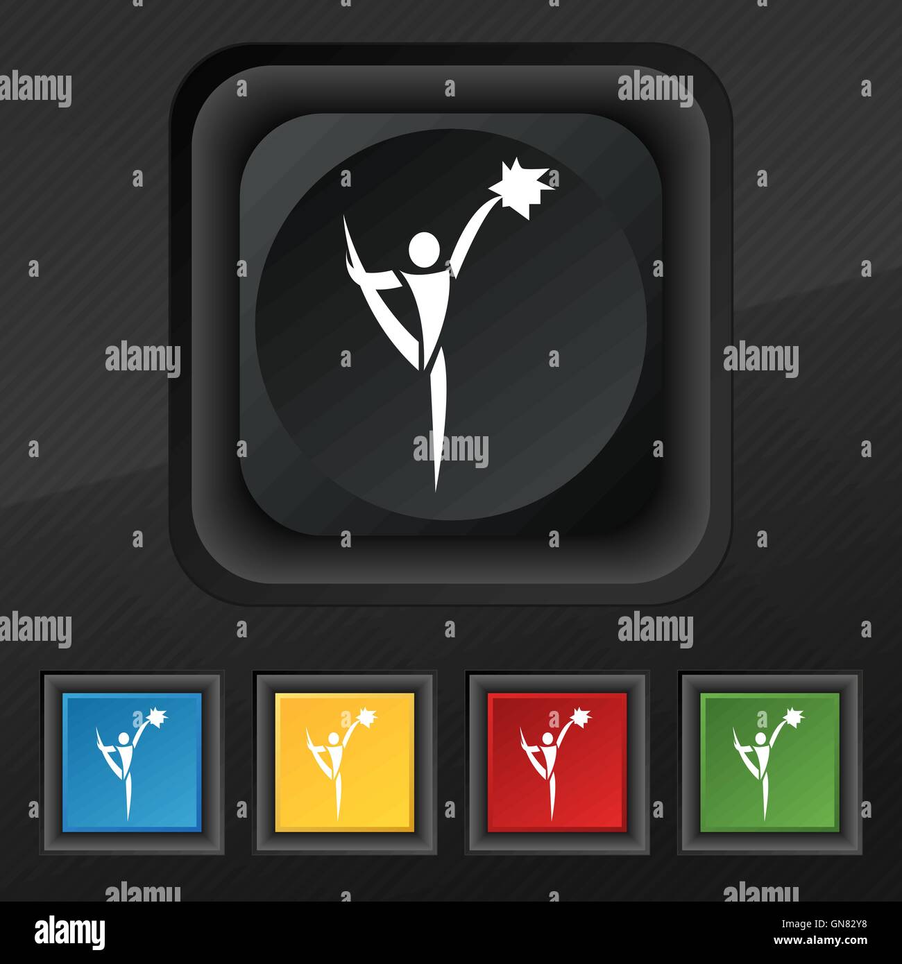 cheerleader icon symbol. Set of five colorful, stylish buttons on black ...