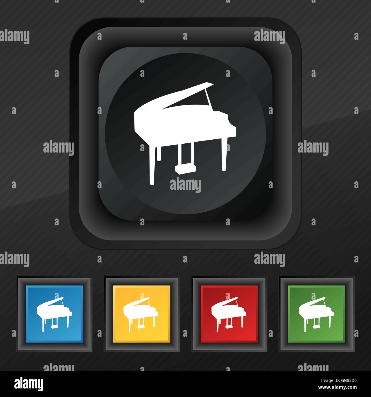 Grand piano icon symbol. Set of five colorful, stylish buttons on black ...
